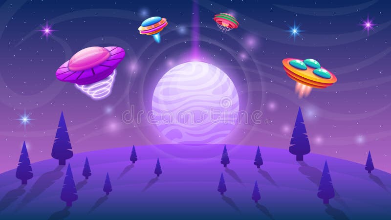 Abstract Aliens on Flying Saucers in Dark Planets Background Gradient ...