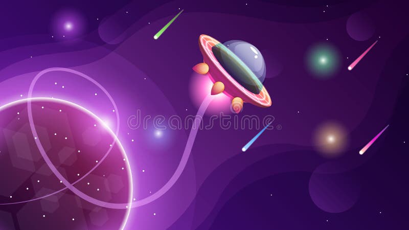 Abstract Aliens on Flying Saucers in Dark Space Planet Background ...