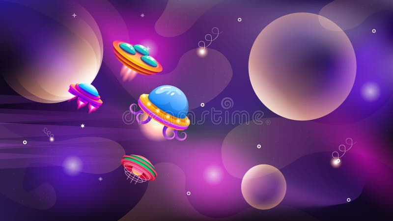 Abstract Aliens on Flying Saucers in Dark Space Planet Background ...