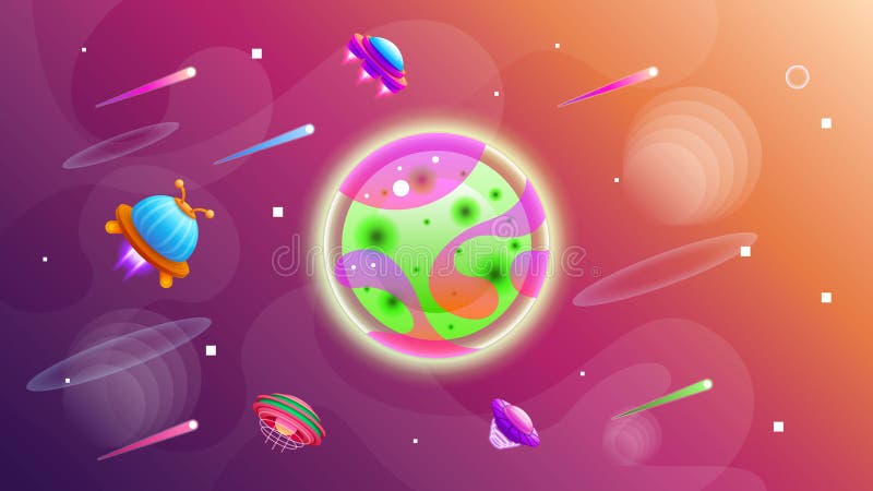 Abstract Aliens on Flying Saucers in Dark Space Planet Background ...