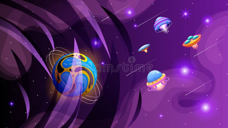 Abstract Aliens on Flying Saucers in Dark Planets Background Gradient ...