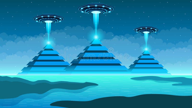Abstract Aliens on Flying Saucers in Dark Space Pyramids Background ...