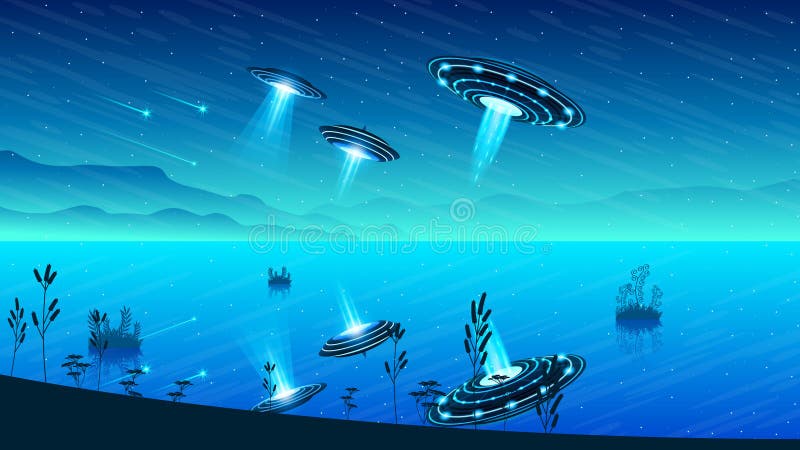 Abstract Aliens on Flying Saucers in Dark Planets Background Gradient ...