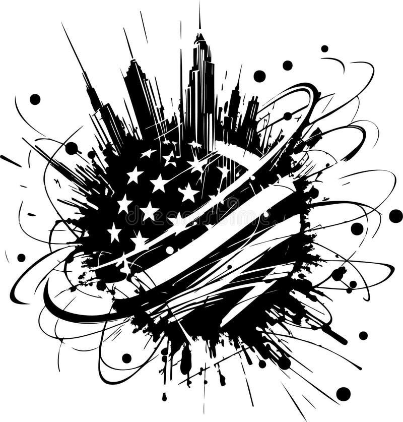 Abstract American Flag with Skyline in Dynamic Ink Splash Style Stock ...