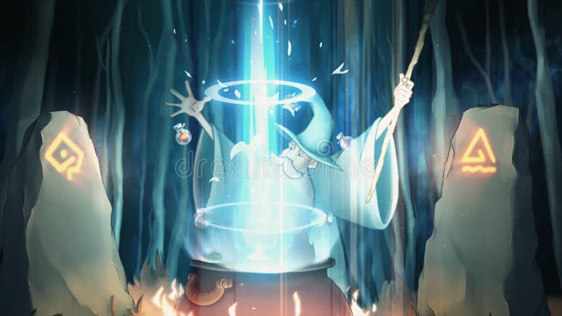 Abstract Animation of an Old Wizard Making a Potion Above Boiling Pot ...