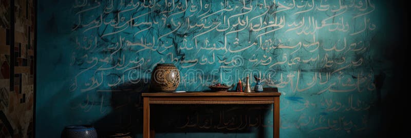 Abstract Arabic Writing on a Teal Wall. Golden Script. Ramadan in a ...
