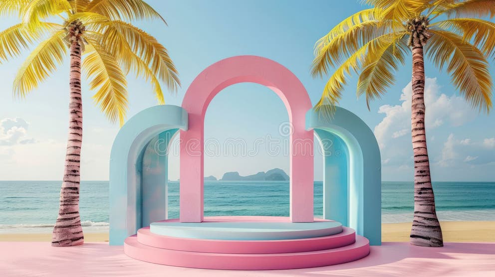 Abstract Arches and Platform on a Tropical Beach with Palm Trees Stock ...