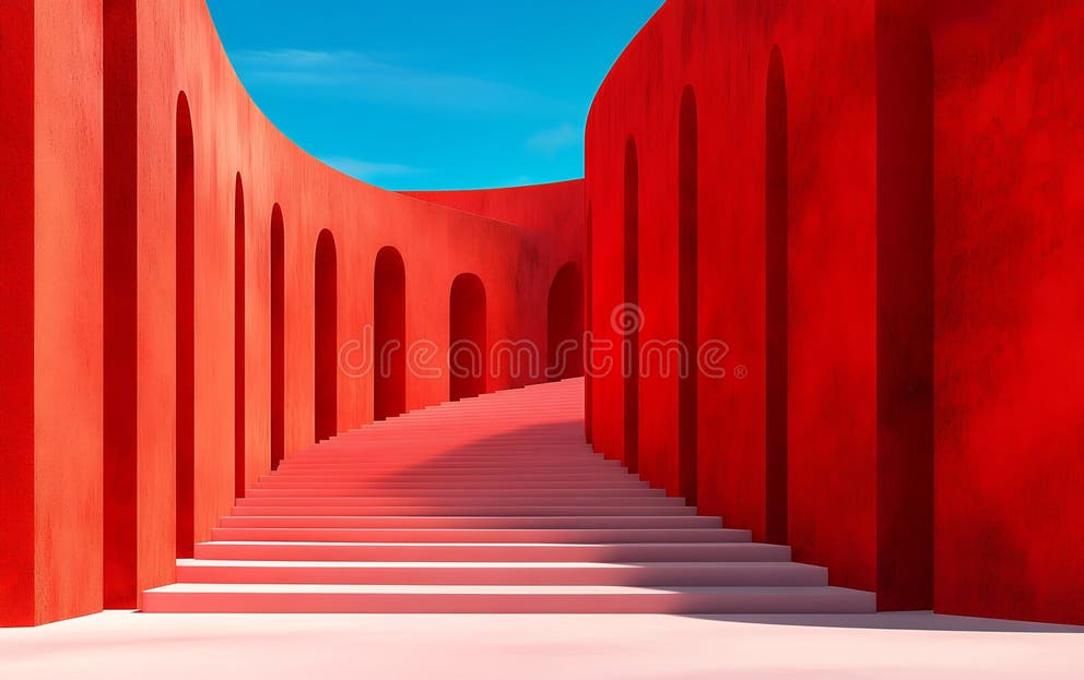 Abstract Architectural Composition Featuring Red Curved Corridor with ...