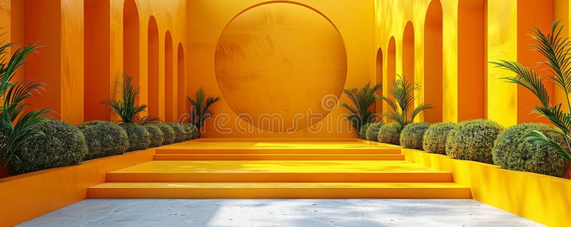 Abstract Architectural Composition with Yellow Arches and Green Plants ...