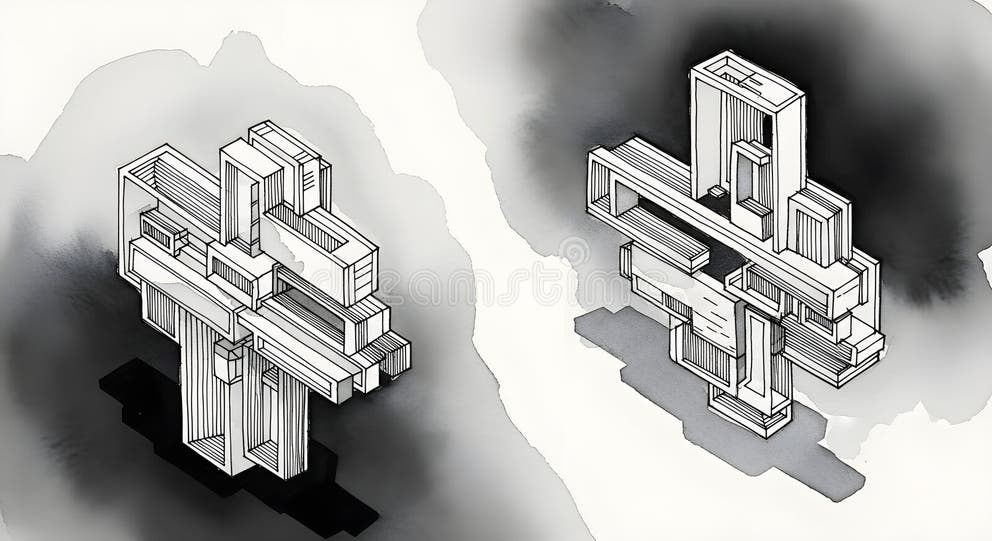 Abstract Architectural Concept Drawing of Intersecting Cubic Forms in ...