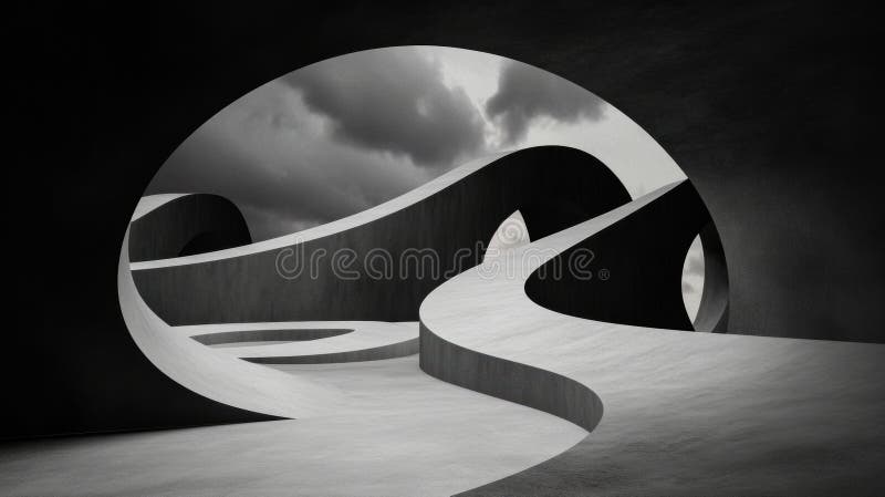 Abstract Architectural Design with Curved Concrete Structures Under a ...