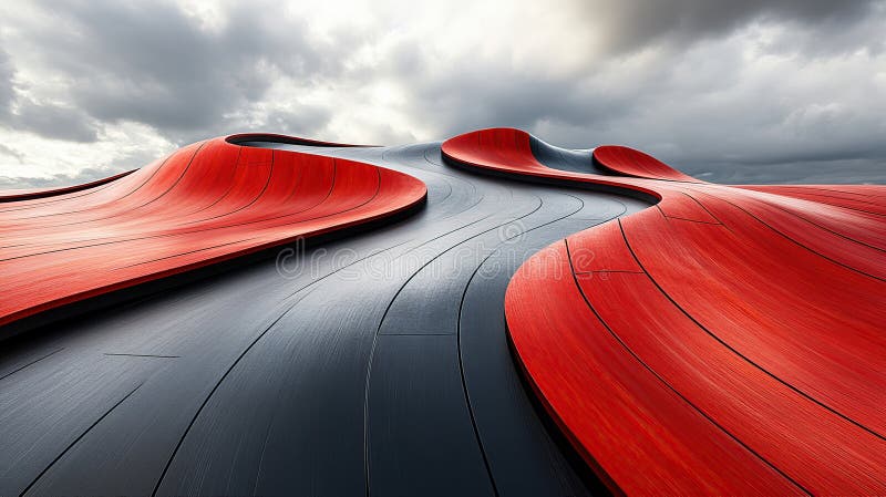 Abstract Architectural Design with Flowing Red and Dark Gray Surfaces ...