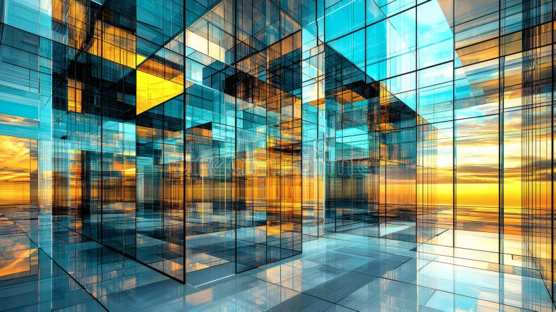 Abstract Architectural Design with Glass, Reflections, and Sunset Light ...