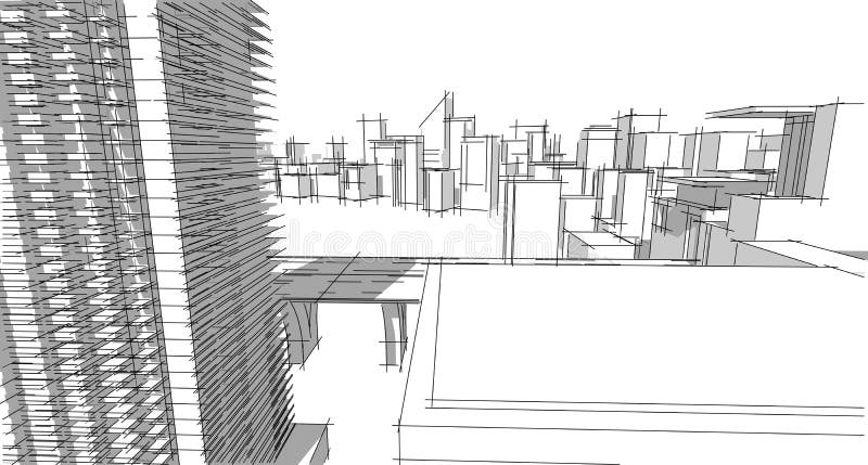 Abstract Architectural Drawing Sketch, City Scape, 3D Illustration ...