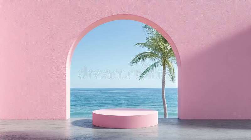 The Abstract Architectural Environment Consists of Pink Walls, Arches, and Raised Platforms ...