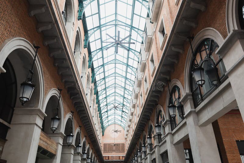 Abstract Architectural Glass Interior of Retro Building with Large ...