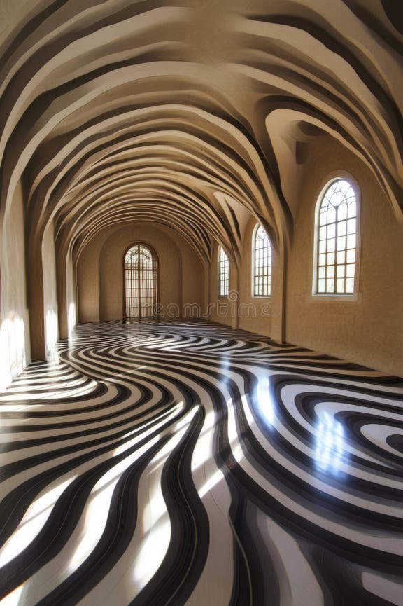 Abstract Architectural Hallway with Wavy Black and White Patterns Stock ...