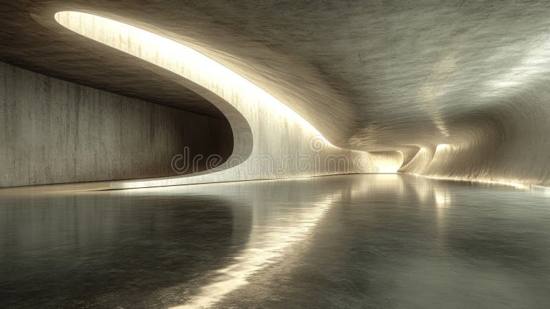 Abstract Architectural Interior with Curved Walls and Reflective Floor ...