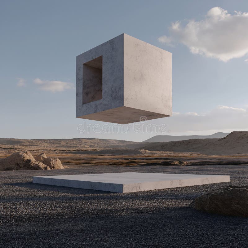 Abstract Architectural Scene with a Cube Hovering Over a Landscape ...