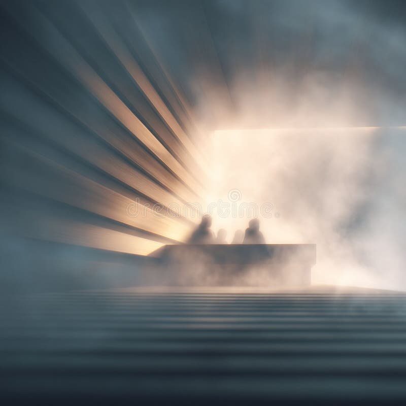 Abstract Architectural Scene with Silhouetted Figures. Evokes Mystery ...