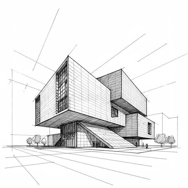 Architectural Sketch of a Modern Building Under Construction, with ...