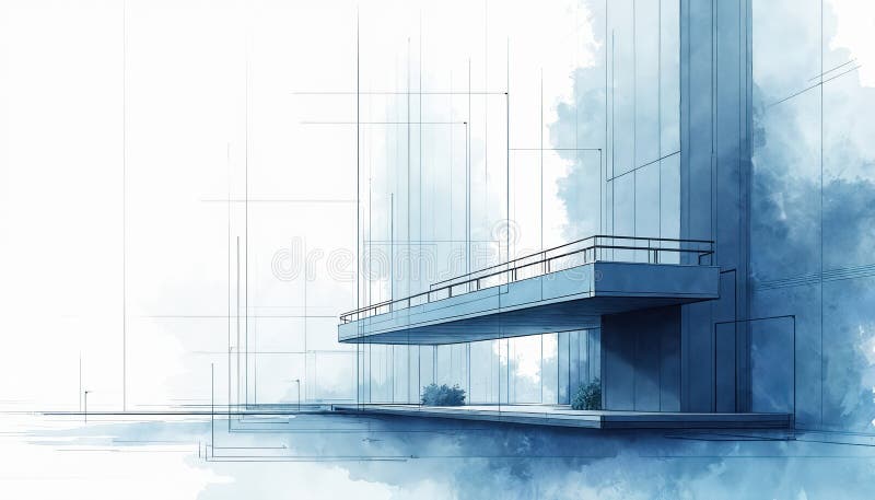 Abstract Architectural Sketch Features Building Design with Watercolor ...