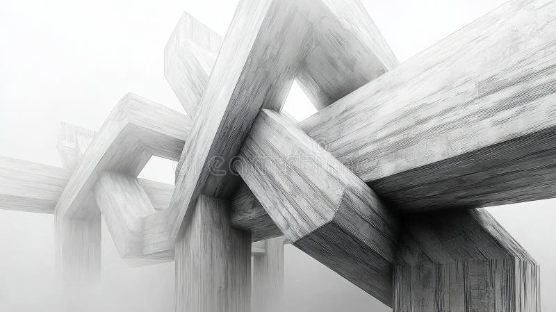 Abstract Architectural Structure in Fog with Intricate Wooden Forms and ...