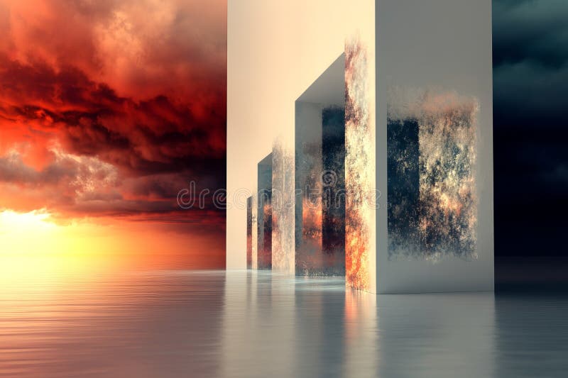 Abstract Architectural Structures at Sunset Over Water: a Striking ...