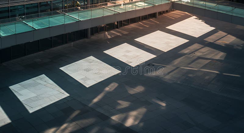 Abstract Architectural Sunlight Casting Squares on Concrete Plaza Floor ...