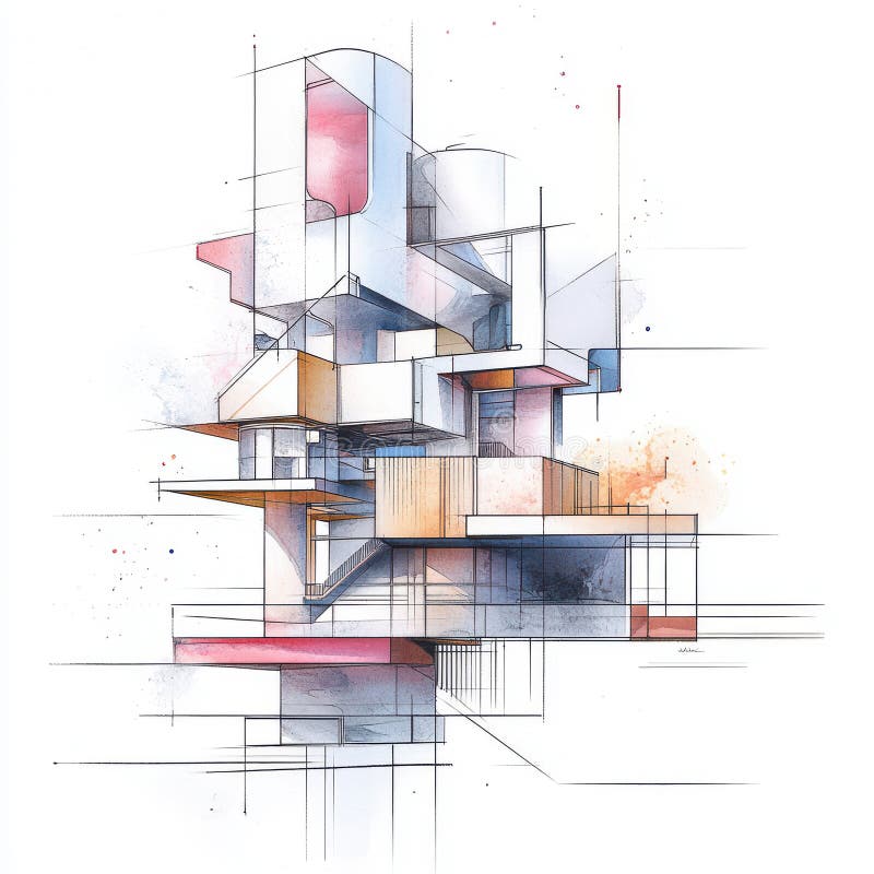 Abstract Architectural Watercolor Sketch Modern Building Design ...