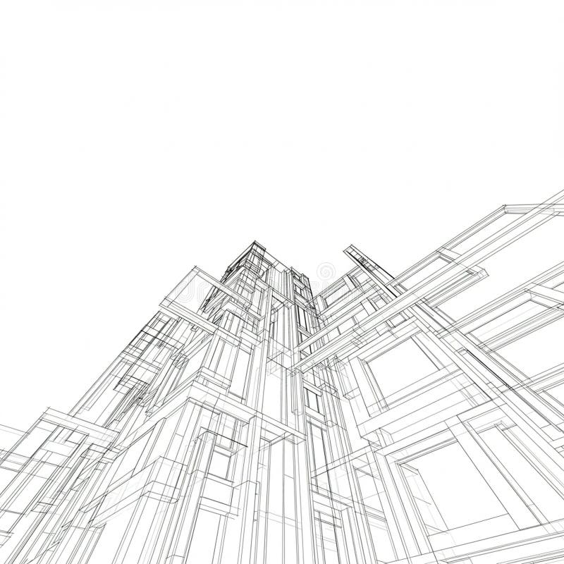 Abstract Architectural Wireframe Sketch Depicting a Complex, Multistory ...