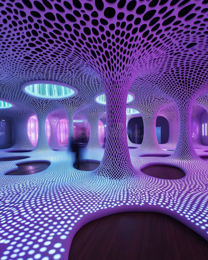 Abstract Architecture with Columns and Holes Illuminated with Neon ...