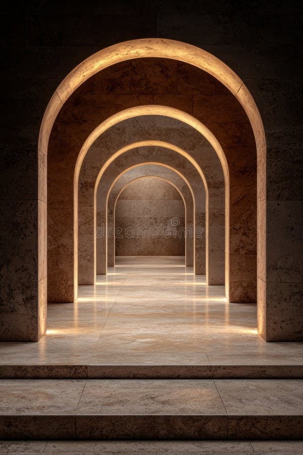 Abstract Architecture with Glowing Arches and Stone Floor Stock ...