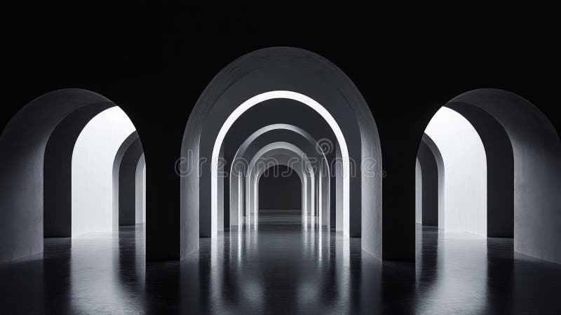Abstract Archway Corridor with Glowing Lights and Reflective Floor ...