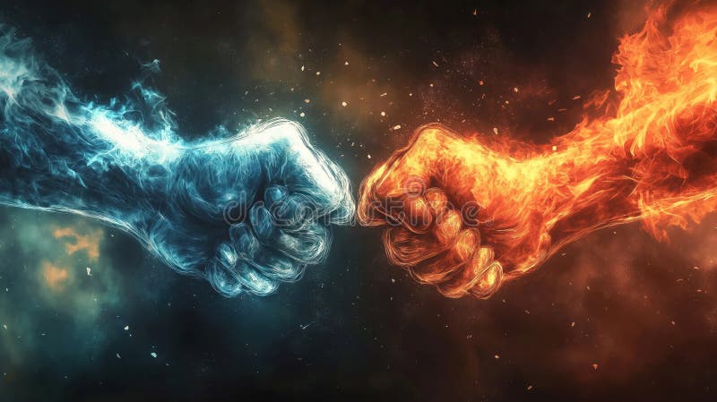 Abstract Arm Wrestling between Fire, Ice Forces. Conceptual Image ...