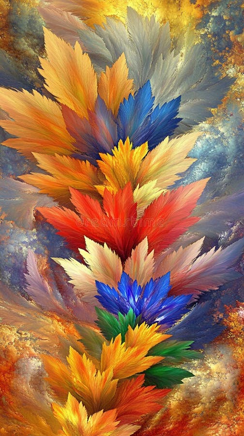 Abstract Arrangement of Colorful Plumes in a Vertical Composition with ...