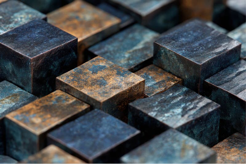 Abstract Arrangement of Dark Blue and Bronze Textured Square Blocks ...