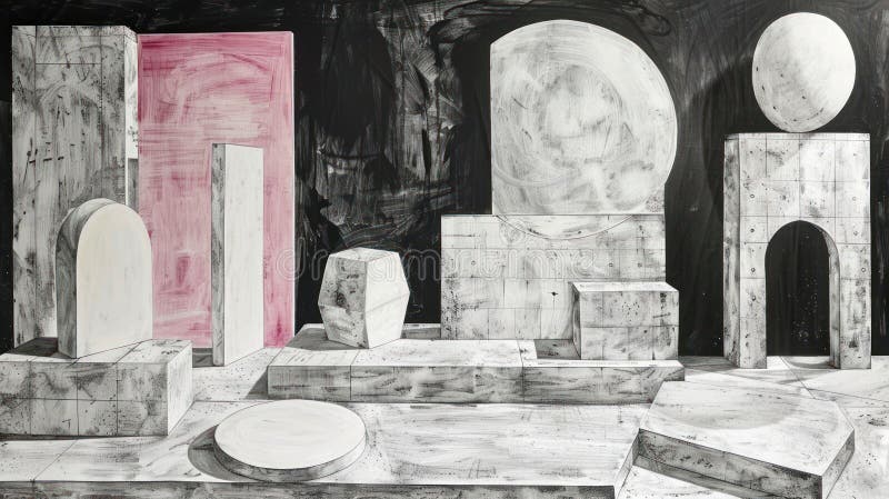 Abstract Geometric Shapes Charcoal Still Life Painting Stock ...