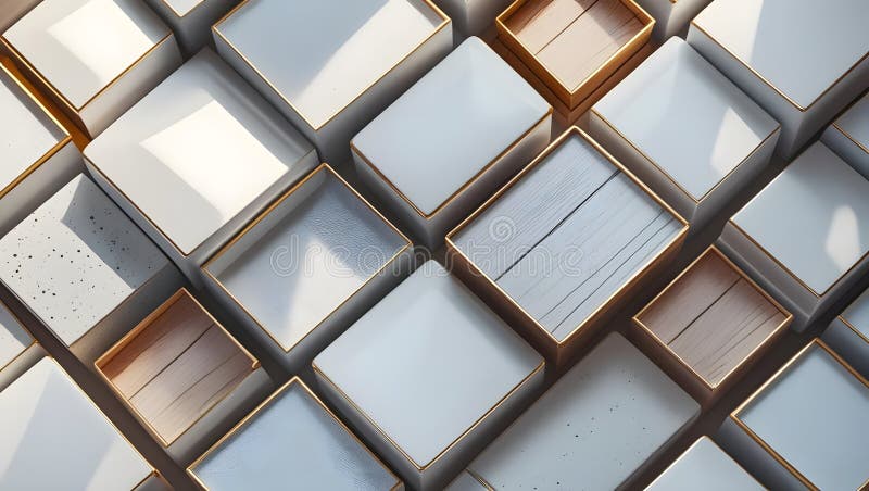 Top Down View of Abstract White Boxes with Wooden and Gold Accents ...