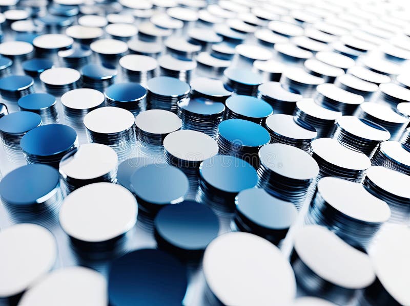 Abstract Array of Shiny Blue and White Discs, Modern Metallic Pile ...