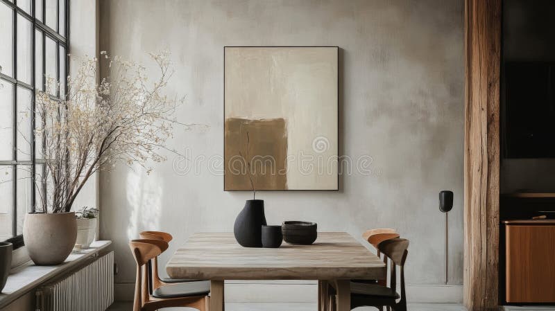 Abstract Art Adorns a Minimalist Dining Room Setting Stock Illustration ...