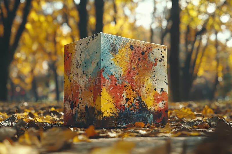 Abstract Art in Autumn, a Cube of Colors Amidst Falling Leaves Stock ...