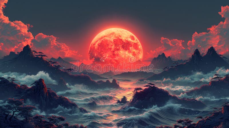 Abstract Art Banner Design with Moon Element Modern in Japanese Style ...