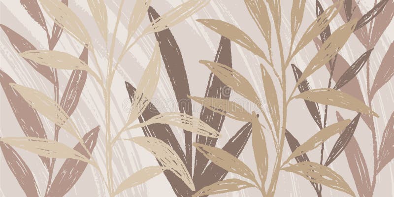 Abstract Art Beige Colors Tropical Line Art Leaves Background Vector. Wallpaper Design with ...