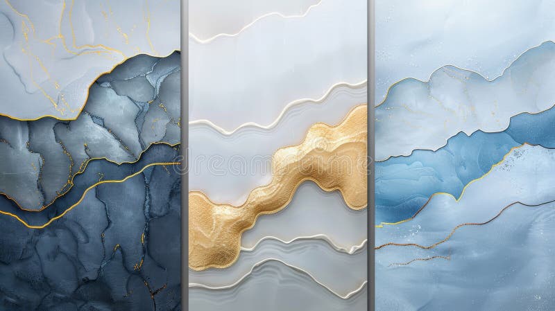 Abstract Art with Blue and Gold Hues in a Three Panel Design Stock ...