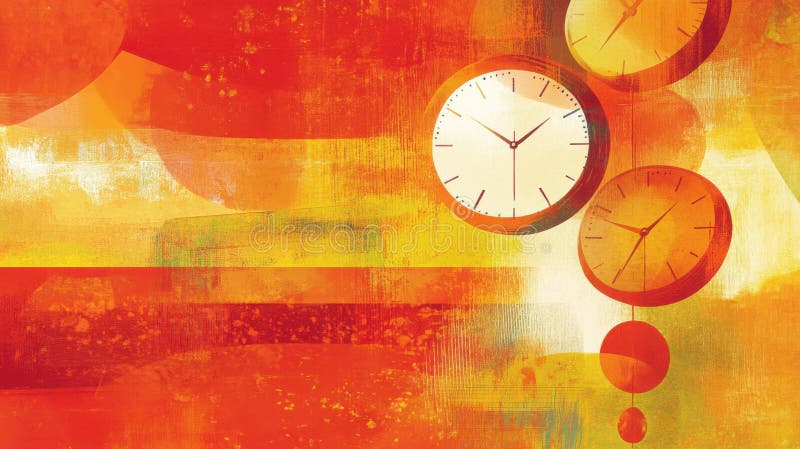 Abstract Art with Bold Colors and Layered Clocks Representing Time and ...