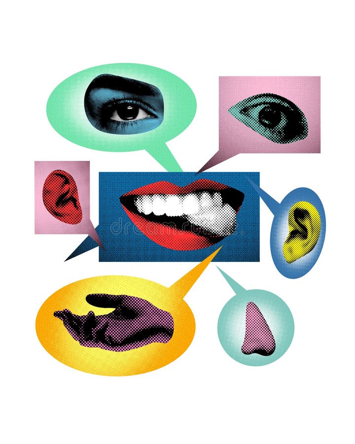 Abstract Art Collage. Dialogue. Various Sensory Elements Engage in ...