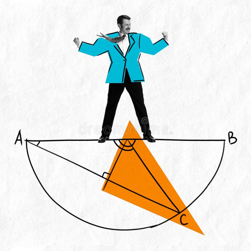Abstract Art Collage. Man in Blue Jacket Standing on Semicircle with ...