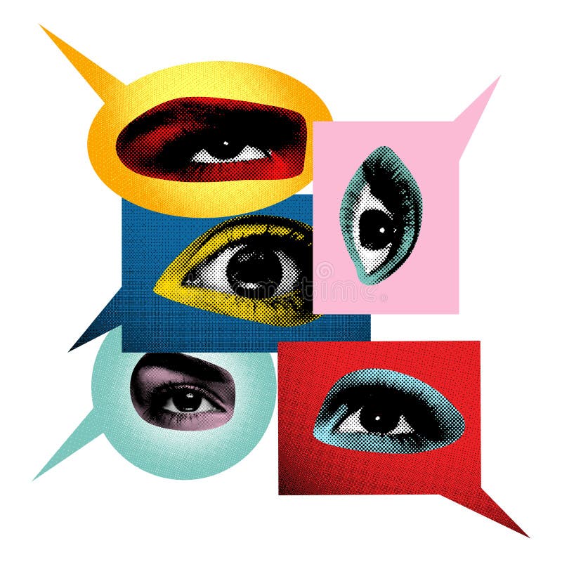 Abstract Art Collage. Multiple Eyes in Speech Bubbles Depict ...