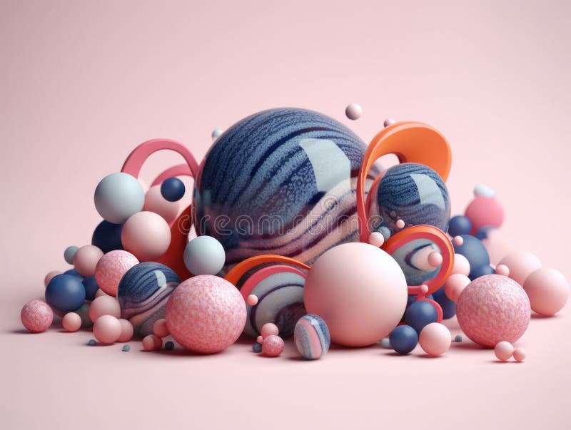 Abstract Art 3D Pink and Blue Geometric Spheres and Circles on Pink ...